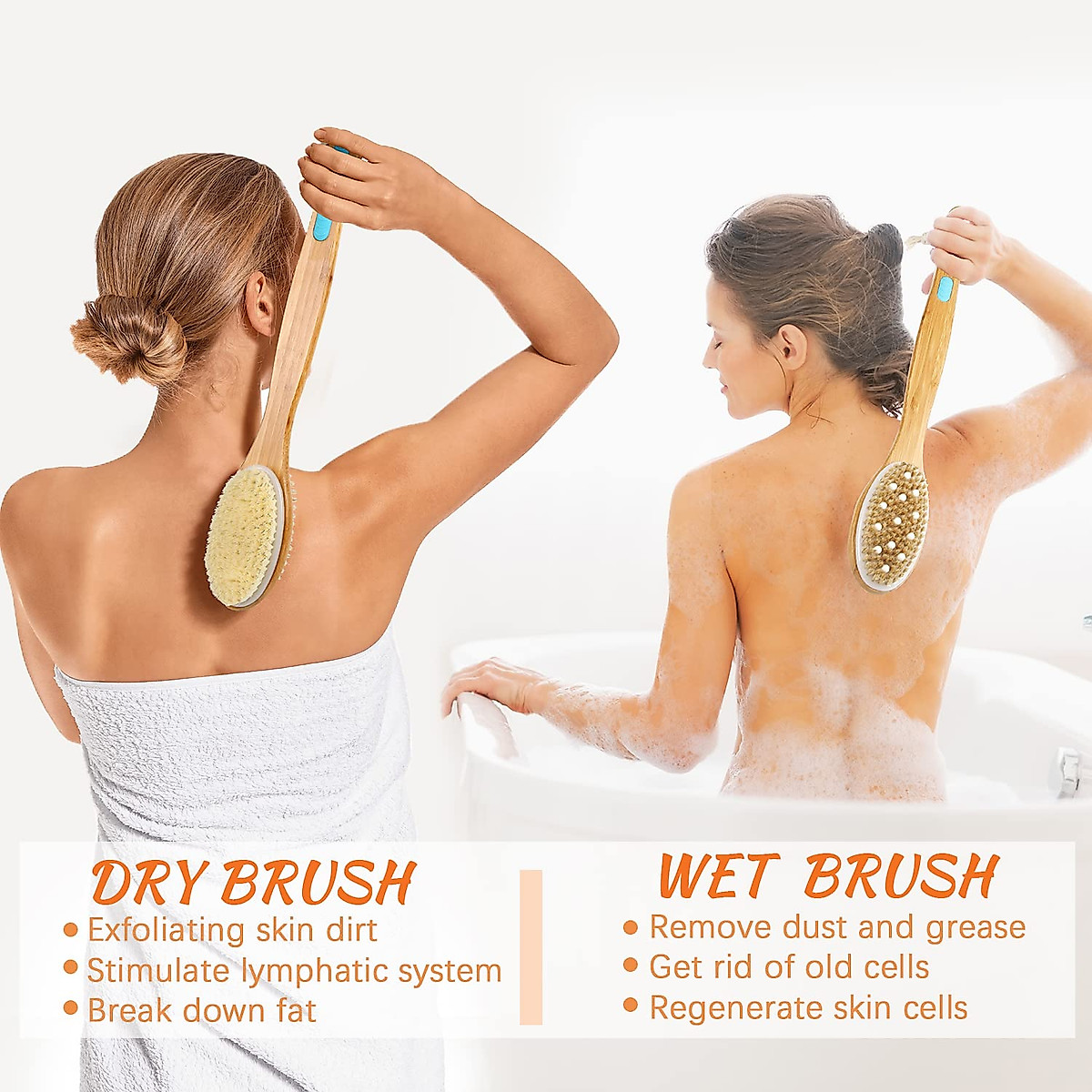 Body Shower Brush and Back Scratcher Set, Back Brush with Soft and Stiff Bristles, Exfoliating Skin and A Soft Scrub, Double-Sided Brush Head for Wet or Dry Brushing,Long Handle Cleans The Body Easily