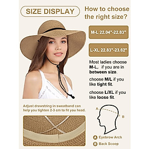 Womens Sun Hat Wide Brim Foldable Beach Hats for Women UV Protection Summer Straw Hat with Wind Lanyard Khaki