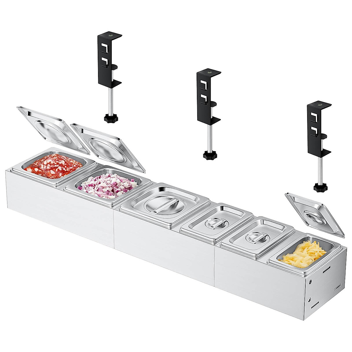 Pizza Topping Station Stainless Steel, 6 Seasoning Containers with Lid, Condiment Tray for Prepping Toppings, Pizza Oven Accessories, Grill Table Cart Topping Station, C-Clamp for Different Tabletop