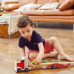 TOP BRIGHT Wooden Car Toys for 3 Year Old Boy Gifts Toddler Boys Truck and Car Ramp Toy with 4 Mini Cars