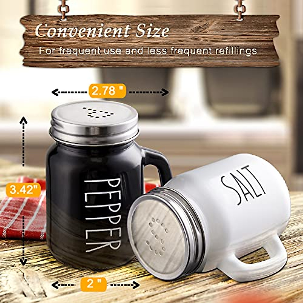 Salt and Pepper Shakers Set, 4 oz Glass Black White Salt Pepper Shaker Set with Stainless Steel Lid, Cute Modern Kitchen Decor, Ideal Gift for Thanksgiving Christmas