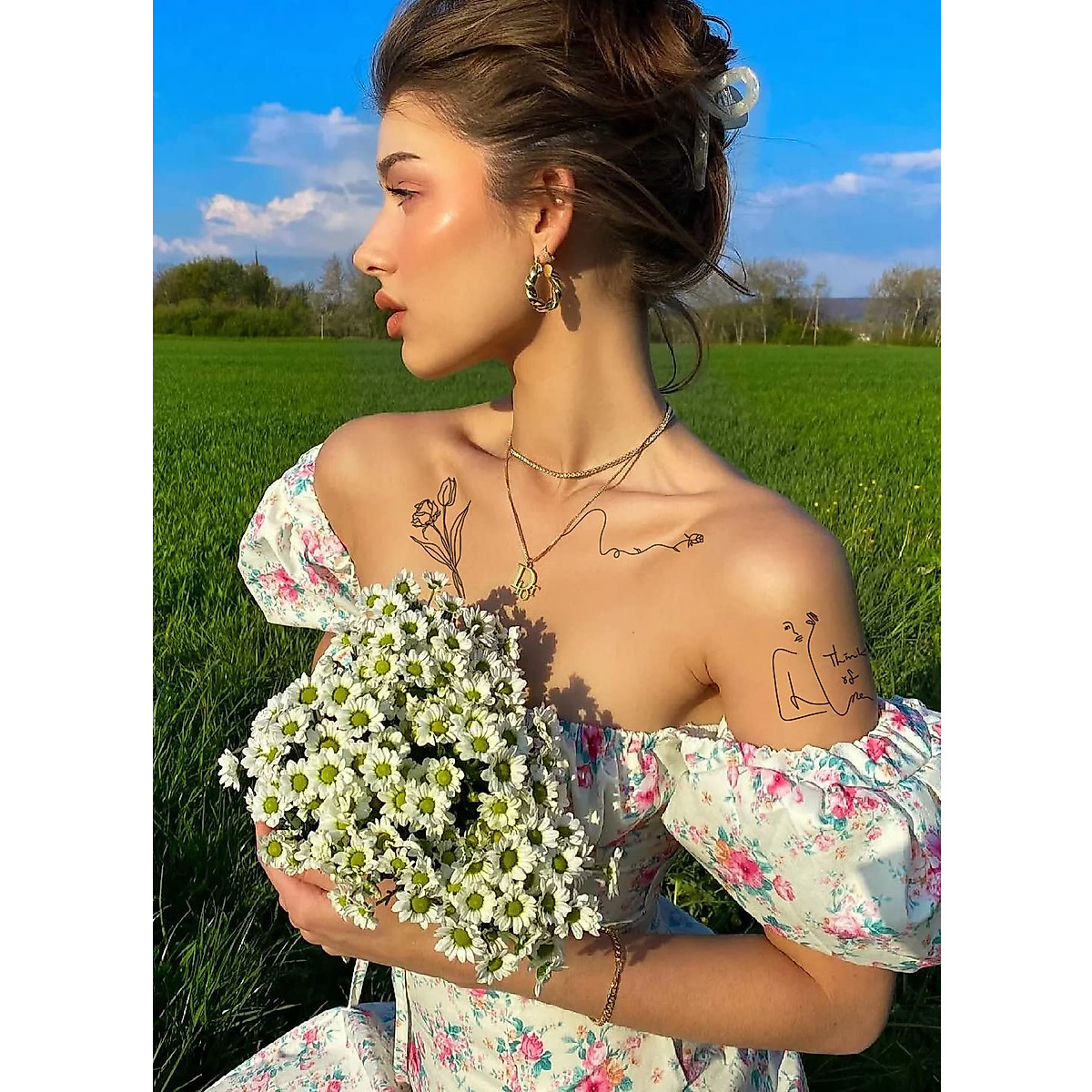 Realistic Temporary Tattoo for Women - 86 Sheets Tiny Small Fake Tattoos, 24 Pcs Inspirational Quotes Words Tattoo, 62 Long Lasting Minimalist Wild Flower Floral Bouquet Leaf Adult Tattoos Stickers (Art Abstract)