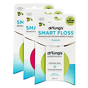 DrTung's Smart Floss - PTFE & PFAS Gentle on Gums, Expands & Stretches, BPA Free Floss - Natural Dental Floss Cardamom Flavor (Pack of 3)