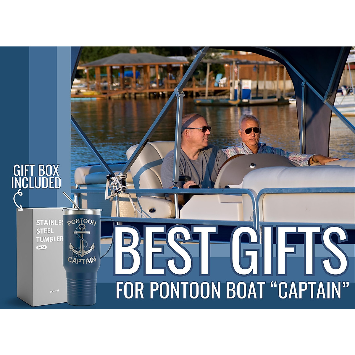 Onebttl Pontoon Boat Captain Tumbler, 40oz Stainless Steel With Spill-Proof Lid and Straw, Laser Engraved Gift, Navy Blue