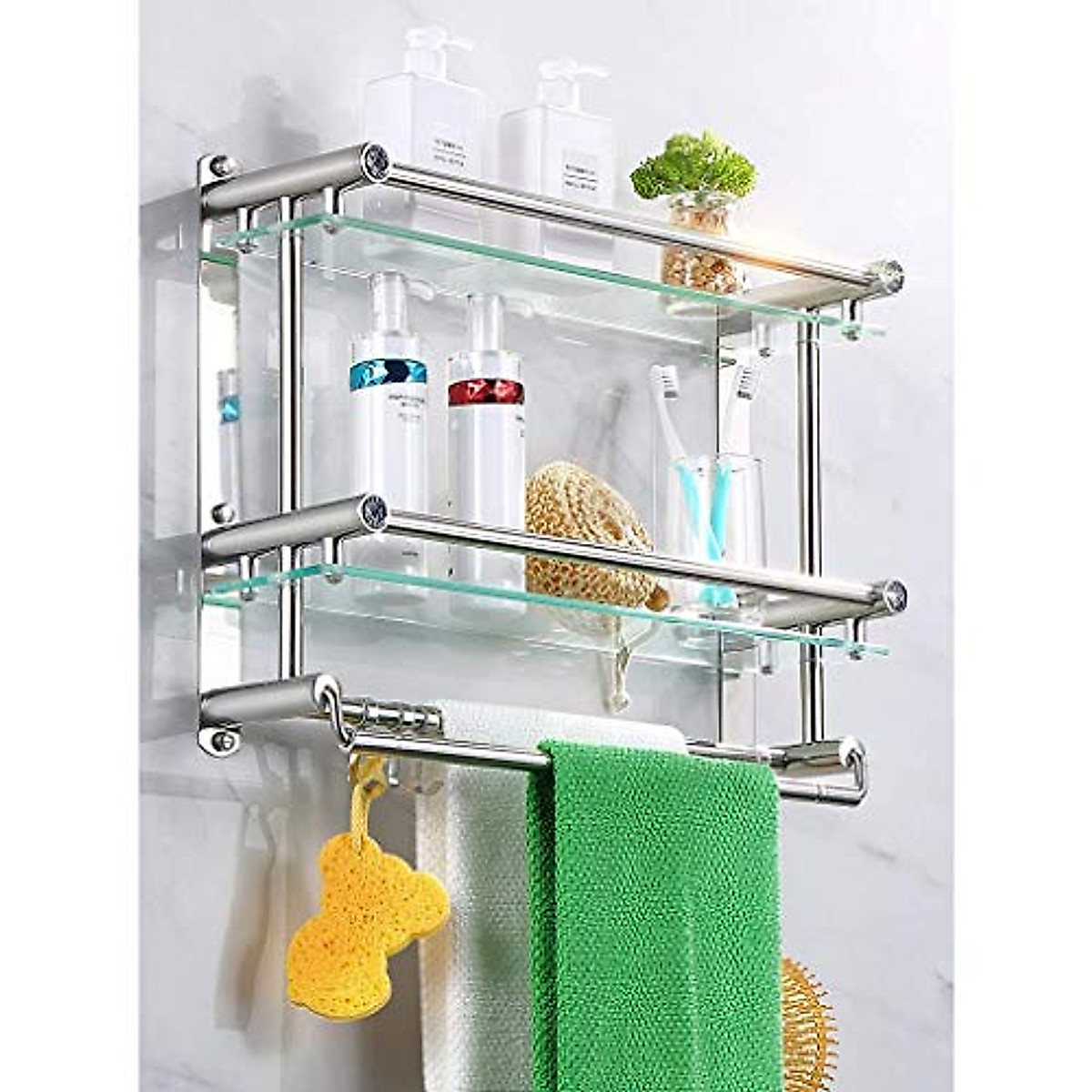 2 Tier Bathroom Shelf Wall Mounted Towel Rack for 8mm Tempered Glass Shelf Storage Holder, Stainless Steel Shower Basket, Pack