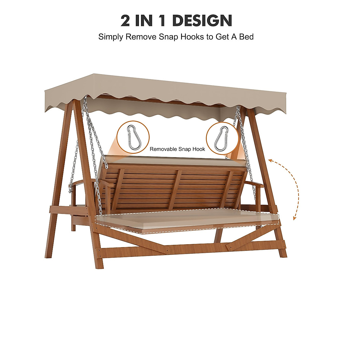 Kybolt Wooden Patio Swing with Adjustable Canopy,3-Seater Wood Patio Swing Bench Bed with Removable Cushion,Patio Swing Glider with Flatbed for Backyard Garden Balcony Poolside