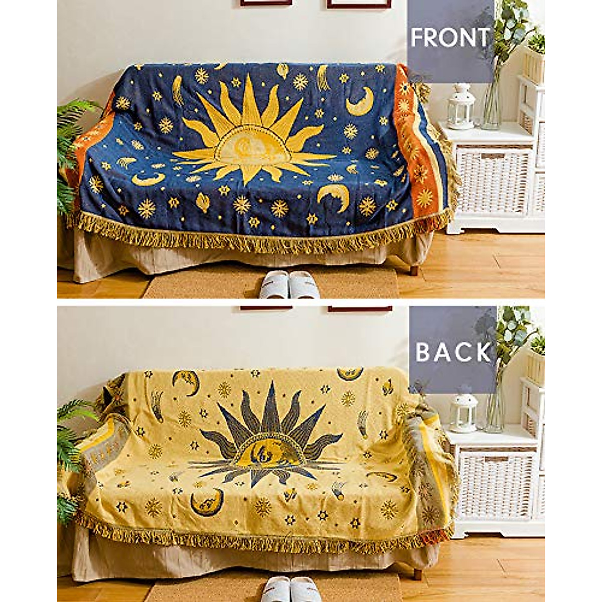 MayNest Sun And Moon Stars Hippie Throw Blanket Celestial Tapestry Double-sided Reversible Woven Cotton Home Decor Bedding Chair Couch Recliner Cover Loveseat Rug Oversized Tassels Blue Yellow (71x51)