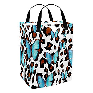 Blue Butterfly on Animal Background Print Collapsible Laundry Hamper, 60L Waterproof Laundry Baskets Washing Bin Clothes Toys Storage for Dorm Bathroom Bedroom