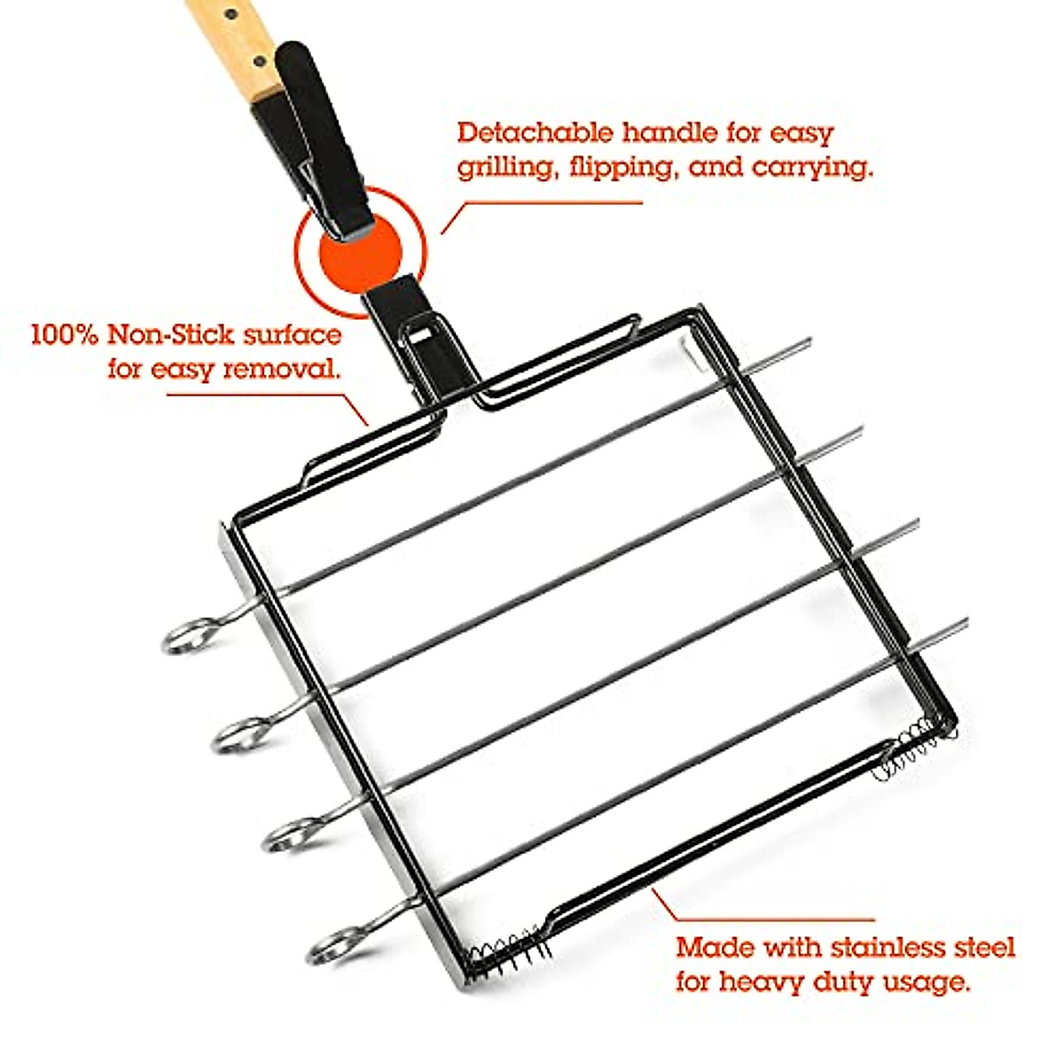 Camerons BBQ Skewer Rack Set - Includes Detachable Handle & 4 Non-Stick Stainless Steel Skewers for Grilling Barbecue Shish Kabobs, Meat, Vegetables & More - Great Father's Day Grilling Gift for Dad