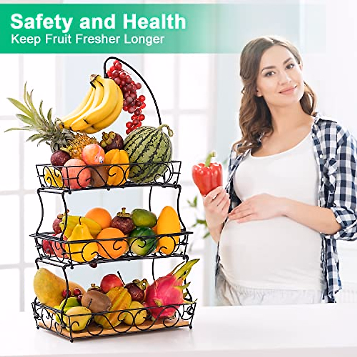 Fruit Basket Bowl, Vegetable Storage for Kitchen, 3-Tier Countertop Fruits Holder Rack with Banana Hanger, Food, Snack, and Bread Detachable Organizer Stand for Gift Large Capacity Fruit Tray