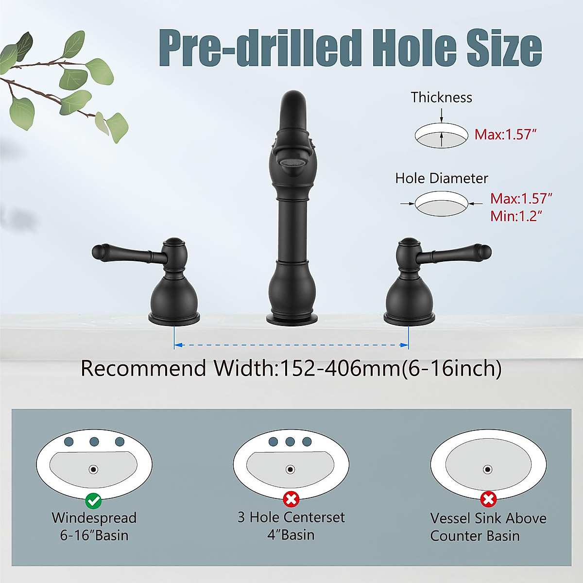 Aolemi Matte Black 8 Inch 3 Holes Widespread Bathroom Sink Faucet Doubel Lever Handle Vanity Basin Mixer Tap with Pop Up Drain Assembly Deck Mount