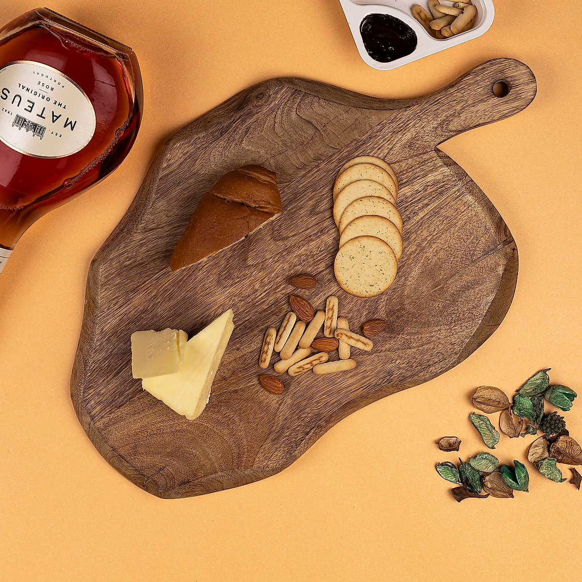 GoCraft Wooden Cutting Board with Handle | Mango Wood Leaf Shape | Chopping, Prep, Serve Board | Charcuterie Platter - 17" x 10.5"