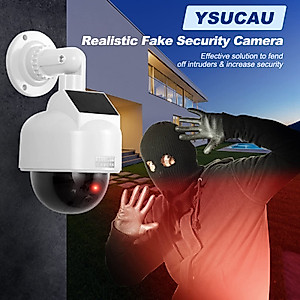 YSUCAU Solar Powered Dummy Fake CCTV Security Dome Camera with Flashing Red LED Light & Warning Security Alert Sticker Decal, Indoor/Outdoor Use