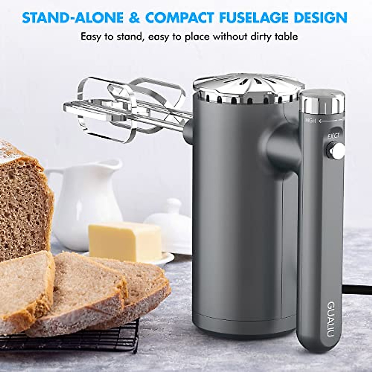 Hand Mixer Electric, Mixer Electric Continuously Variable Speed Control Mixers Kitchen Handheld, Eject Button / 5 Stainless Steel Accessories/Turbo Boost/Self-Control Speed for Baking Cake Egg Cream Food Beater