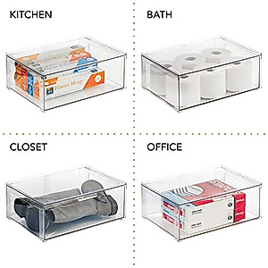 mDesign Plastic Stackable Kitchen Storage Organizer Bins with Pull Out Drawer for Cabinet, Pantry, Fridge, Freezer, Shelf, Refrigerator Organization - Lumiere Collection - 2 Pack - Clear