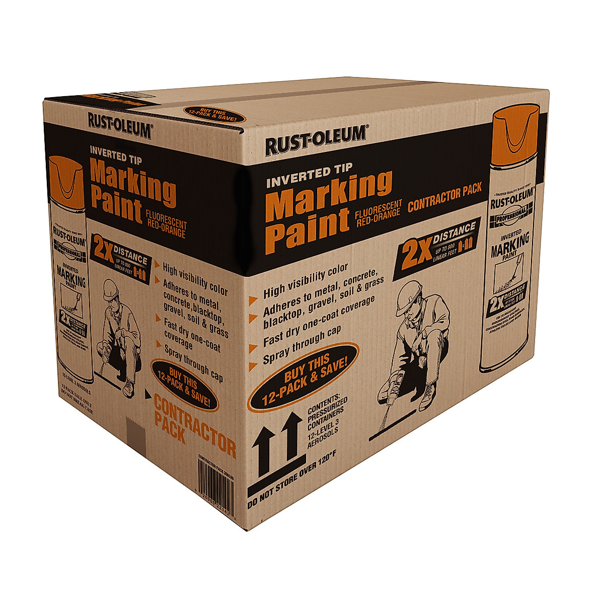 Rust-Oleum 266599 Professional 2X Distance Inverted Marking Spray Paint, 15 oz, Fluorescent Red-Orange, Contractor 12 Pack