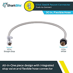 SharkBite 1/2 Inch Straight Stop x 1/2 Inch NPSM Click Seal Faucet Connector x 30 Inch, Push to Connect Brass Plumbing Fitting, PEX Pipe, Copper, CPVC, PE-RT, HDPE, 24687