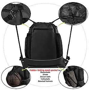 BeeGreen Black Basketball Backpack Drawstring Bag Basketball Accessories String Bag w Hidden Ball Net Gym Sports Cinch Sack w Bottle Holder & Zipper Pockets Workout Equipment Bags for Volleyball Men