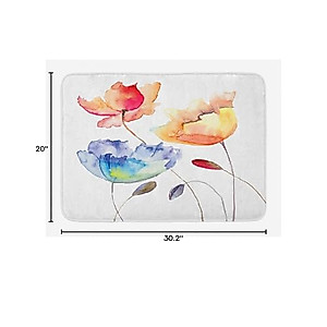 Ambesonne Watercolor Flower Bath Mat, Summer Flowers in Retro Style Painting Effect Nature is Art, Plush Bathroom Decor Mat with Non Slip Backing, 30.2" x 20", Orange Blue Red