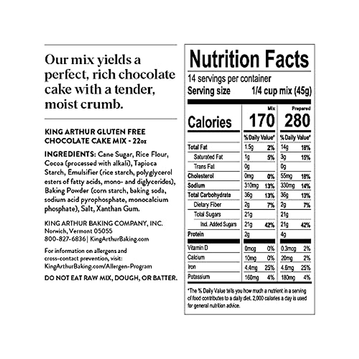 King Arthur, Gluten-Free Chocolate Cake Mix, Gluten-Free, Non-GMO Project Verified, Certified Kosher, Non-Dairy, 22 Ounces