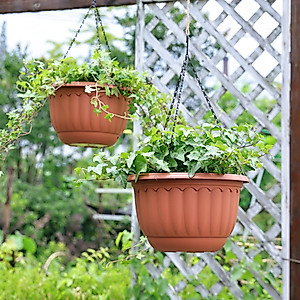 YIKUSH Hanging Planter for Indoor and Outdoor Plants 2 Pack 12inch Flower Pot Plastic Plant Pot with Drainage Hole and Absorbing Tray（Terracotta,with 3 Hooks）
