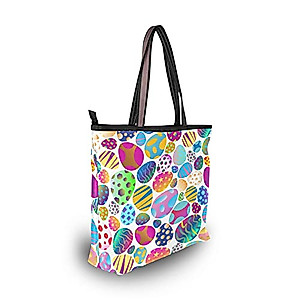Women's Tote Purse with Pocket Easter Egg Printed Handbag Polyester Tote Bag Spring Tote Purse