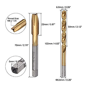 uxcell M8 x 1.25 Spiral Point Thread Tap and 6.6mm Twist Drill Bit Set, Metric Titanium Plated 6542 High Speed Steel Machine Screw Thread Tap Threading Tool