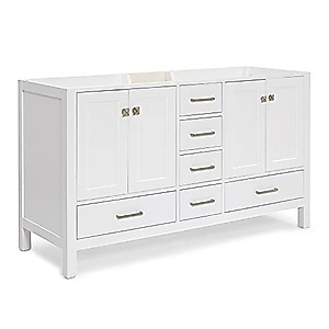 DKB Beckford Series 60" Inch Bathroom Base Cabinet in White, Double Sink Configuration, 4 Soft Closing Doors, 6 Full Extension Dovetail Drawers