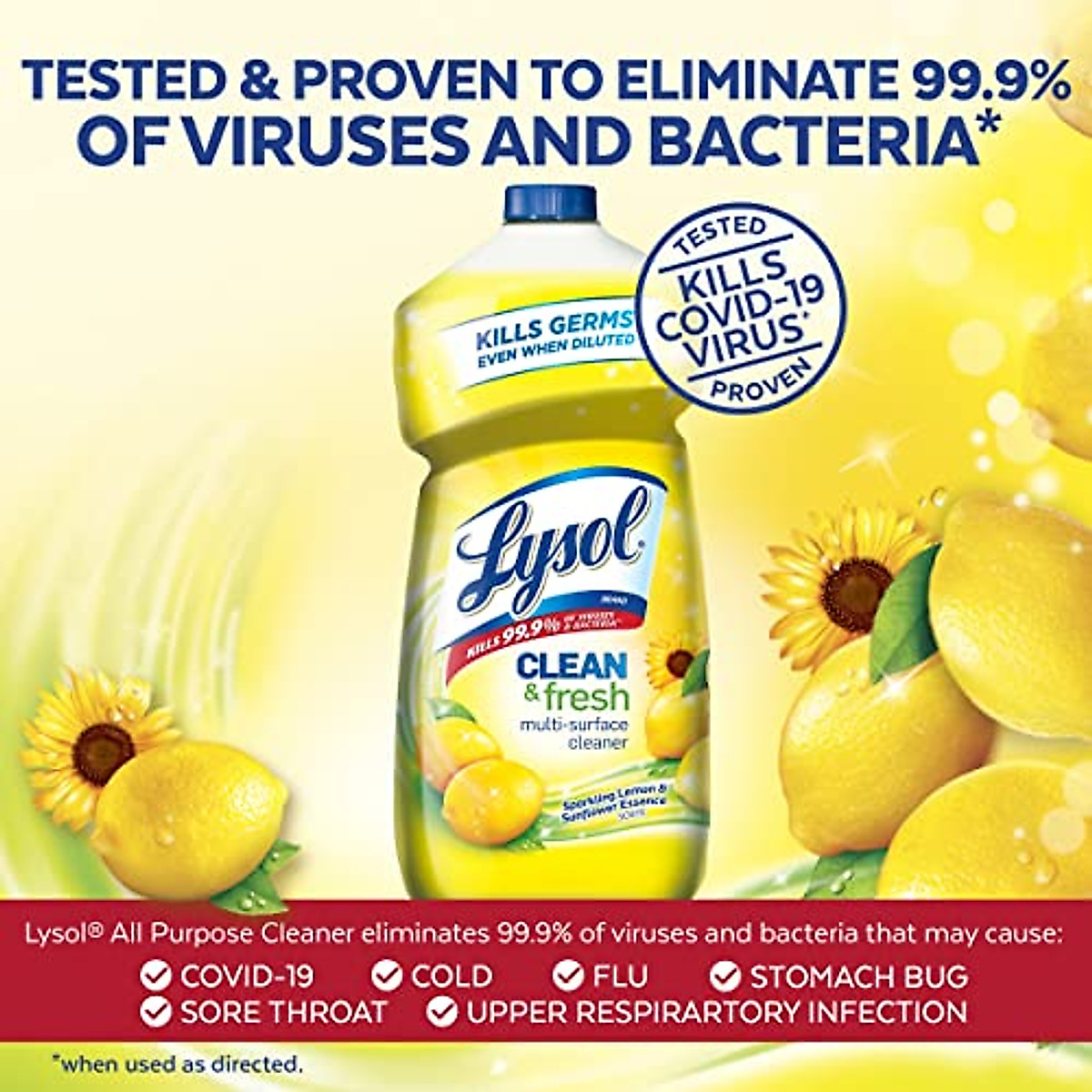 Lysol Multi-Surface Cleaner, Sanitizing and Disinfecting Pour, to Clean and Deodorize, Sparkling Lemon and Sunflower Essence, 40 Fl Oz