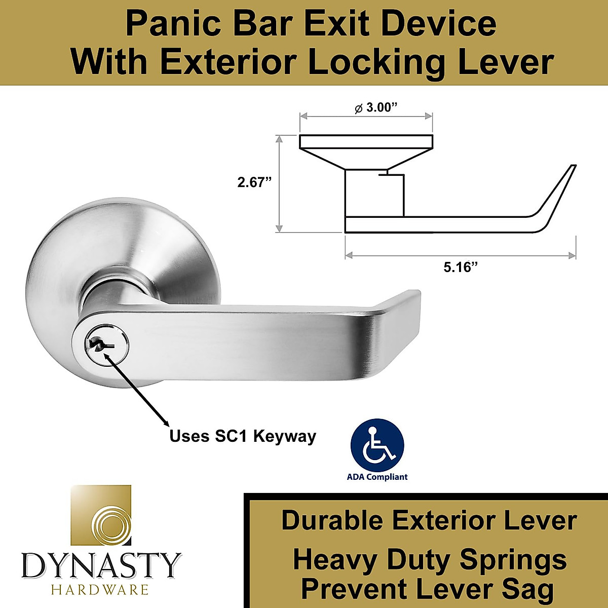 Dynasty Hardware Push Bar Panic Exit Device Aluminum, with Exterior Lever