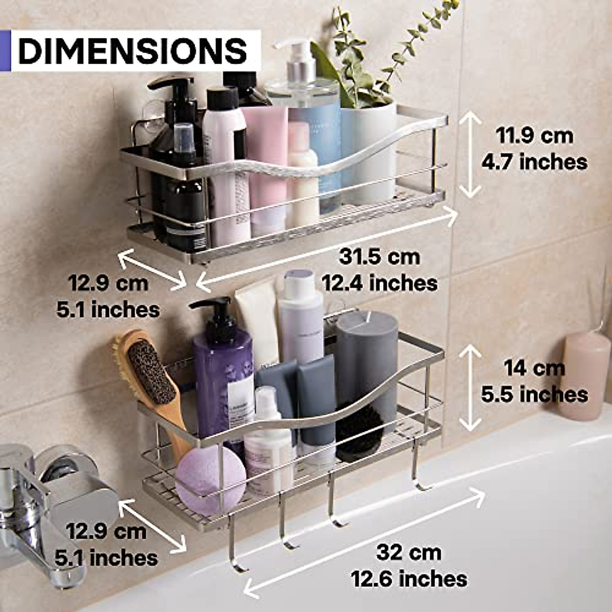 KINCMAX Shower Shelves 2-Pack - Self Adhesive Caddy with 4 Hooks - No Drill Large Capacity Stainless Steel Wall Shelf - Aesthetic Organizer for Inside Bathroom - Polished Silver