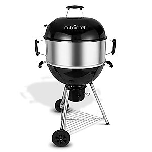 NutriChef Portable Outdoor Charcoal BBQ Grill, Stainless Steel Charcoal Grill Offset Smoker with Cover, Apple Grill and Pizza Plate, Multi-Functional Ideal for Bake. Braise, Smoke, Roast, and Grill