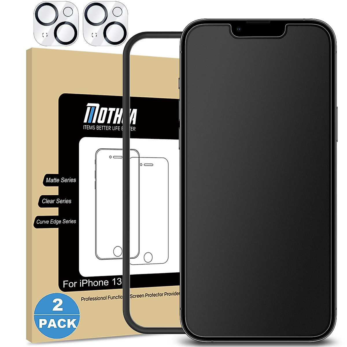 Mothca 2 Pack Matte Glass Screen Protector for iPhone 13 [6.1 inch] with 2 Pack Camera Lens Protector, Anti-Glare & Anti-Fingerprint Tempered Glass Film, Case Friendly Bubble Free Smooth as Silk