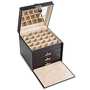 Glenor Co Earring Organizer Holder - 75 Small & 4 Large Slots Classic Jewelry Box with Drawer & Modern Closure, Mirror, 4 Trays Earrings, Ring or Chain Storage - PU Leather Case - Black