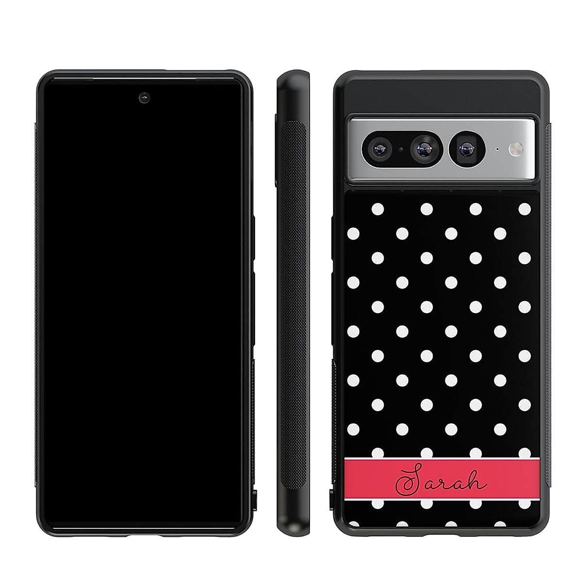 Polka Dot Black White Red Personalized Black Rubber Phone Case Compatible With Google Pixel 8 Pro, 8a, 8, 7a, 7, Pixel 7 Pro, 6a, Pixel 6 Pro, 6, Pixel 5, 4a 5G, 4a 4G, 4, 4 XL, 3a, 3a XL, 3, 3