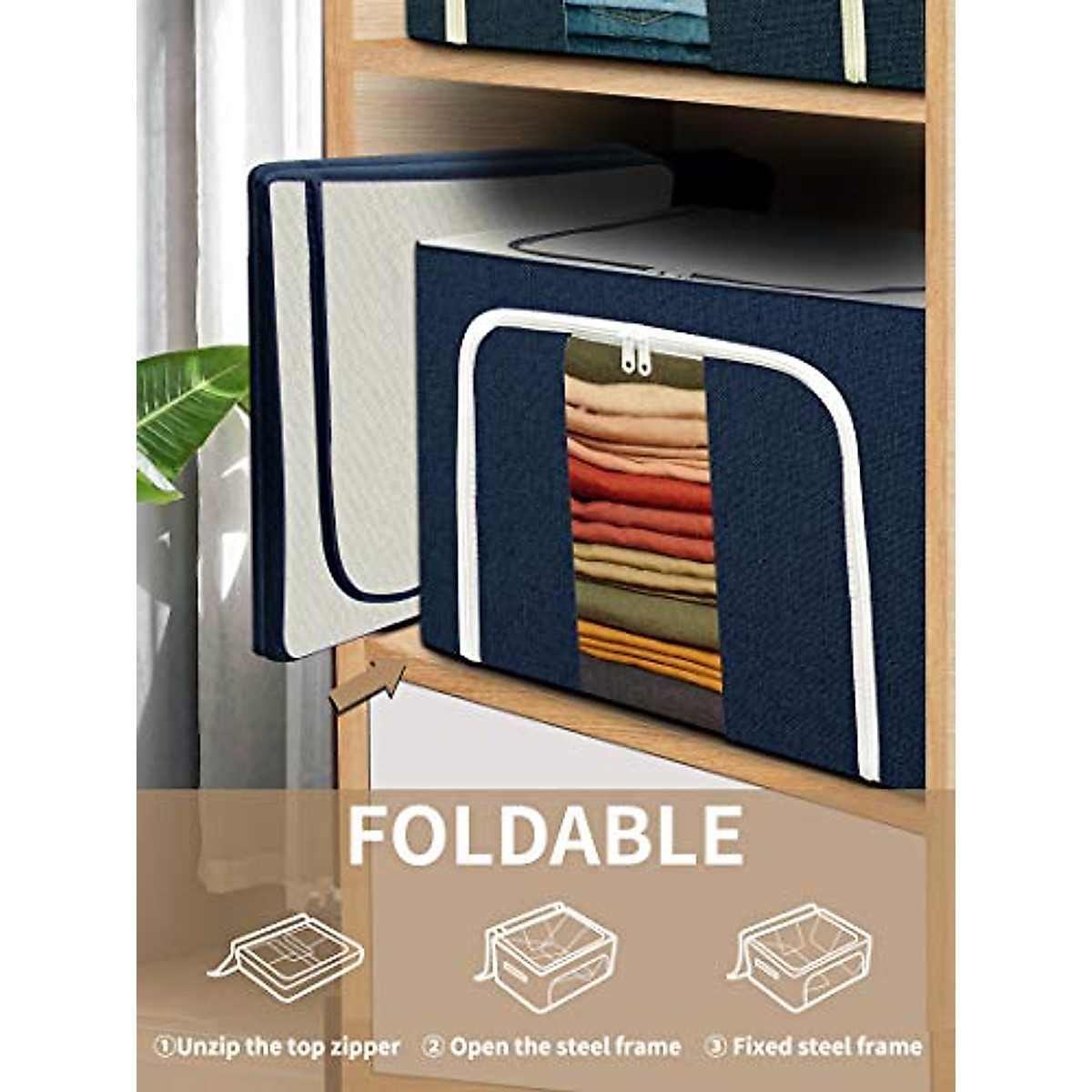 Clothes Storage Boxes Bins - 72L x 2 Large Organizers With Steel Frame , Tulab Foldable Oxford Containers Set, Clear Window & Reinforced Handles, Waterproof, for Closet, Bedding, Blankets (2-Pack, 20.07”x 15.73” x 14”)