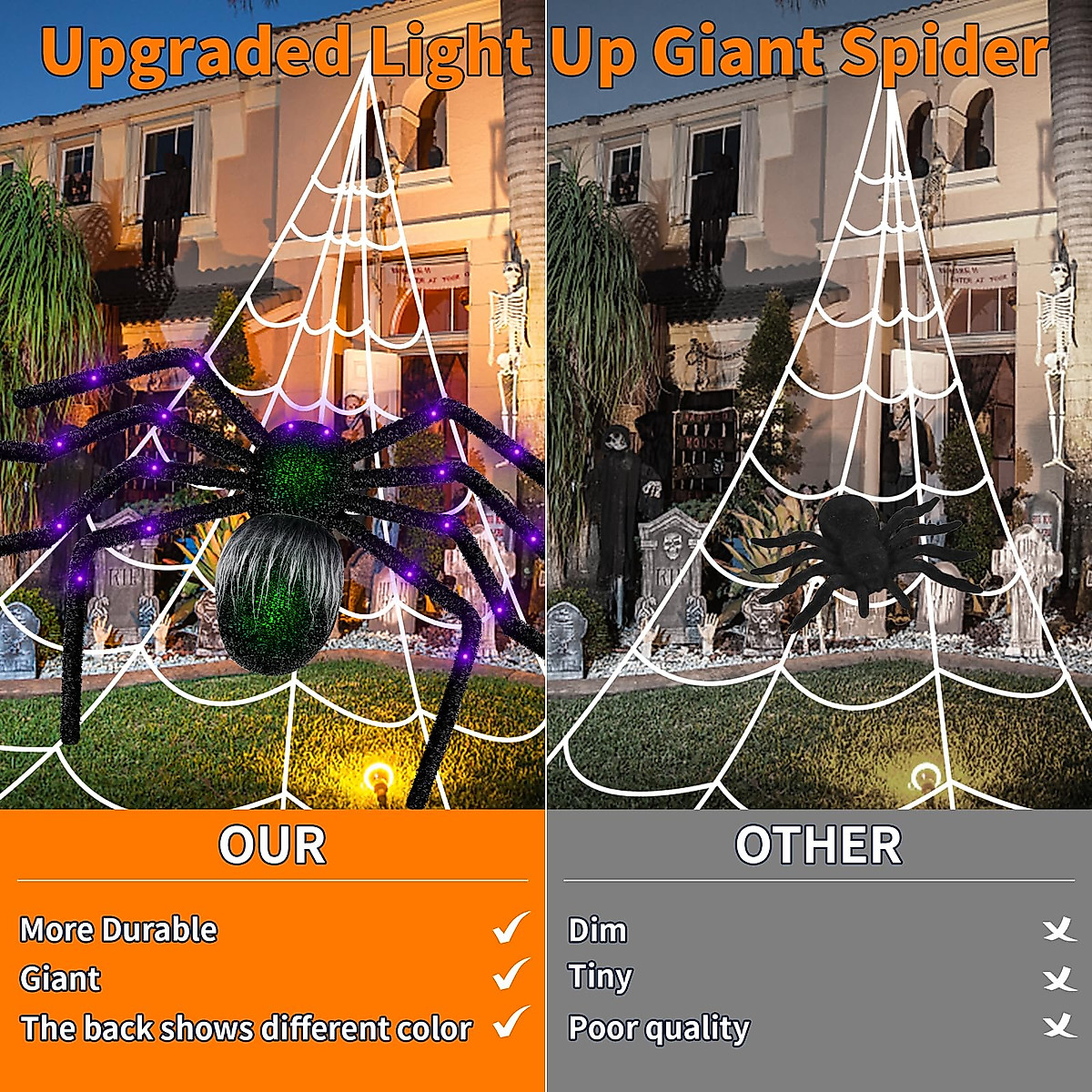 Halloween Decorations Outdoor,2023 Upgraded Light Up Giant Halloween Spider Decorations Bendable Fake Spider with Back Gradient Light,Halloween Decor for Home Yard Costumes Parties Garden Lawn