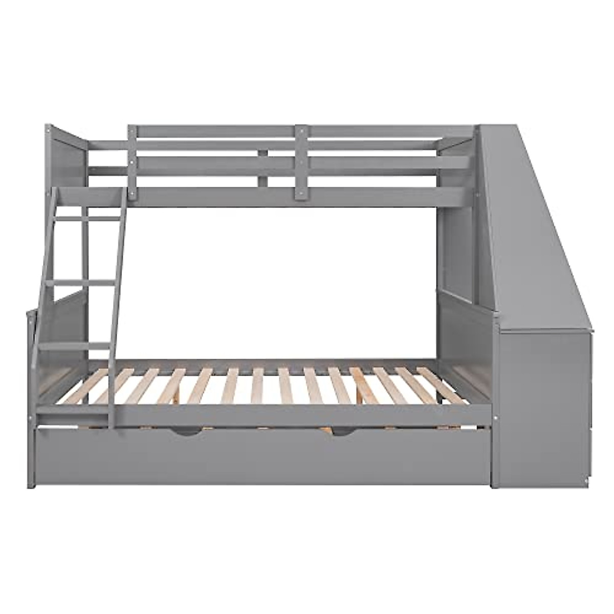 Twin Over Full Bunk Bed with Desk and Trundle, Wooden Bunk Beds Twin over Full Size with Storage Drawers and Shelf ,Storage Bunk Beds with Ladder & Guardrails for Kids Girls Boys ,Grey