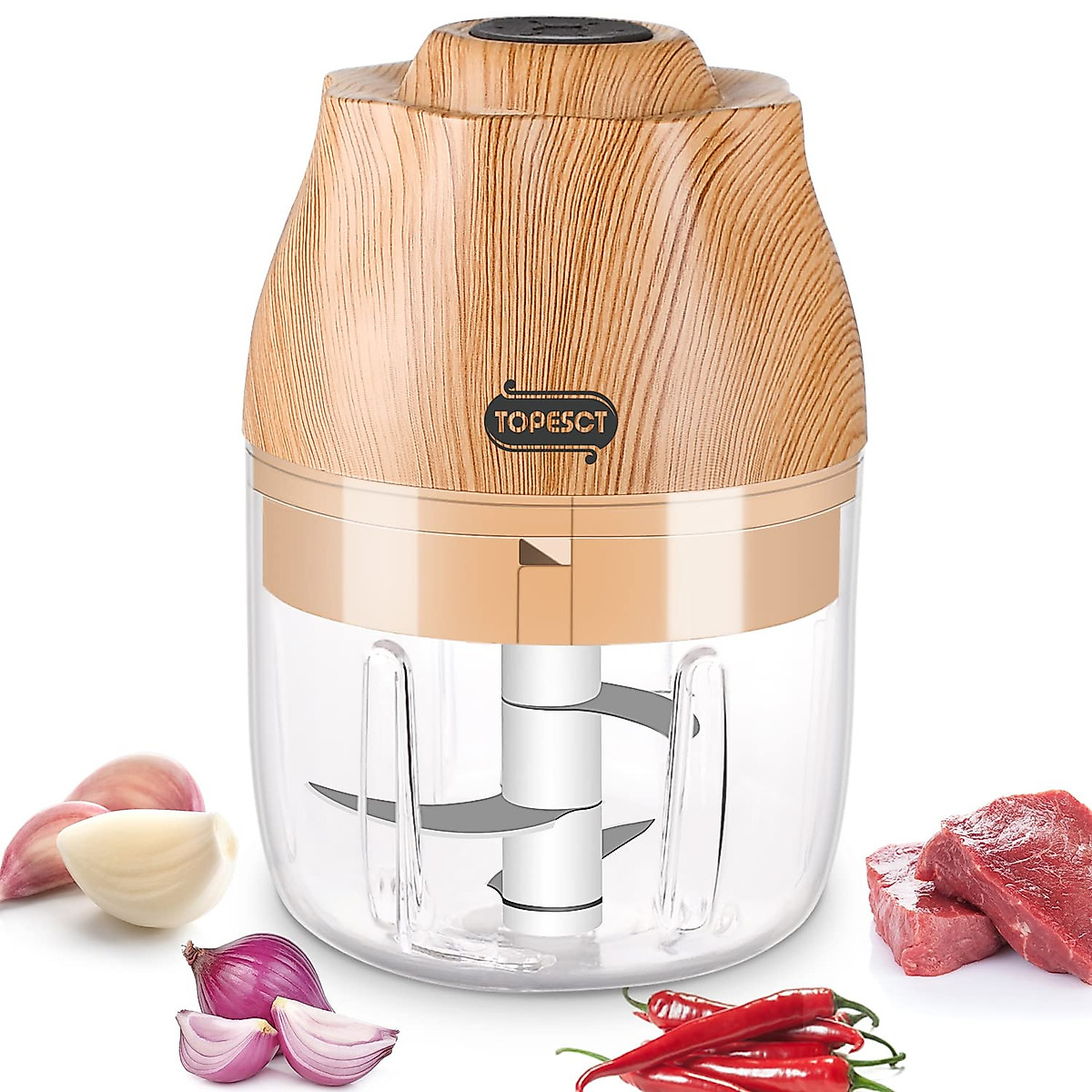 Electric Mini Chopper Food Processor, TOPESCT Portable Garlic Grinder, Cordless Small Food Chopper with USB Charging for Ginger Onion Chili Vegetables (250 ml)