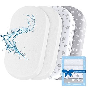 Bassinet Sheets & Waterproof Bassinet Mattress Pad Protector 4 Pack Set, Viscose Made from Bamboo, Universal Fit for Oval, Hourglass and Rectangular Mattress, Grey & White