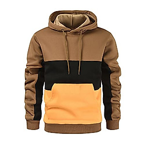 Rusaevon Men's Fleece Pullover Hoodie Sweatshrits Drawstring Hooded Color Block Hoody for Men with Kangaroo Pocket Brown X-Large