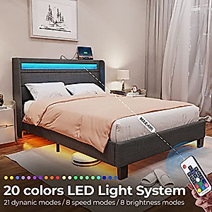Rolanstar Bed Frame Queen Size with Headboard, Upholstered Platform Bed Frame Queen with LED Lights and USB Ports, Motion Activated Night Light & Solid Wood Slats, No Box Spring Needed, Dark Grey