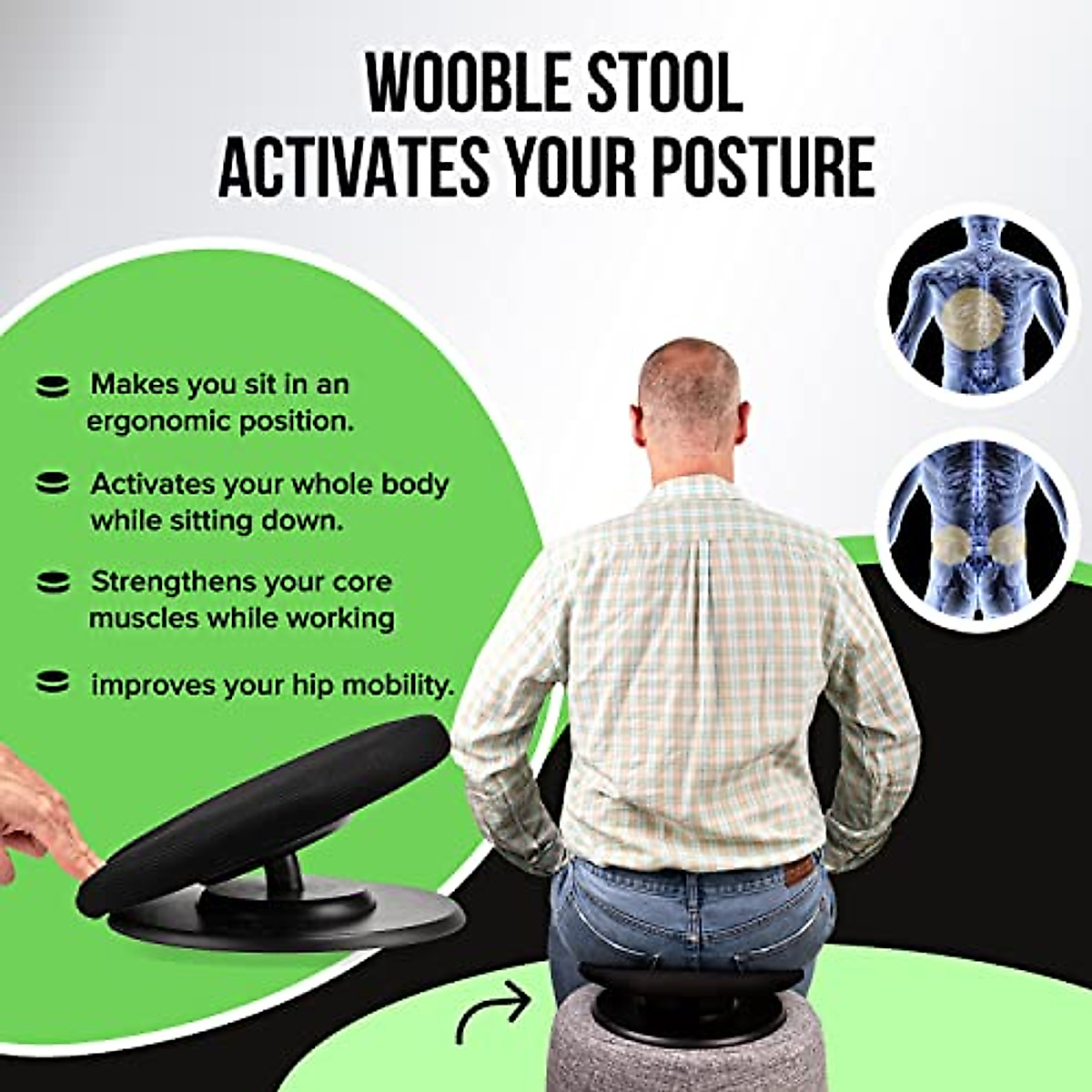 The Wobble Stool- Self Balancing Stool with 360 Degree Rotation, Promotes Healthy Posture to Relieve Back and Neck Pain, Lightweight Portable Seat Cushion with Swivel Base (Black)