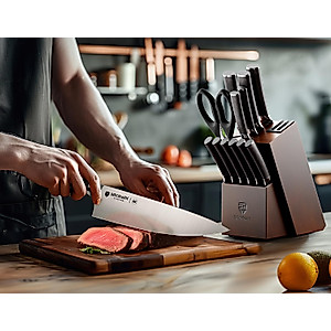 BRODARK Kitchen Knife Set, Ultra Sharp 15 Pcs Knife Set with Block, Full Tang Chef Knife Set, High Carbon Stainless Steel Knife Block Set with Sharpener, Wooden Handle