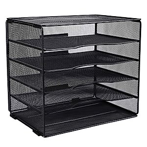 EasyPAG 5 Tier Mesh Desk File Organizer Office File Sorter Desk Trays Classroom Paper Organizer for Letter Legal File Holder Screwless Design,Black