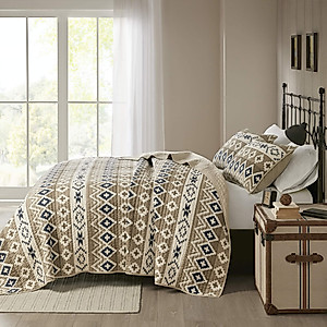 Woolrich Reversible Quilt Cabin Lifestyle Design - All Season, Breathable Coverlet Bedspread Bedding Set, Matching Shams, Oversized Full/Queen, Montana Tribal Tan 3 Piece