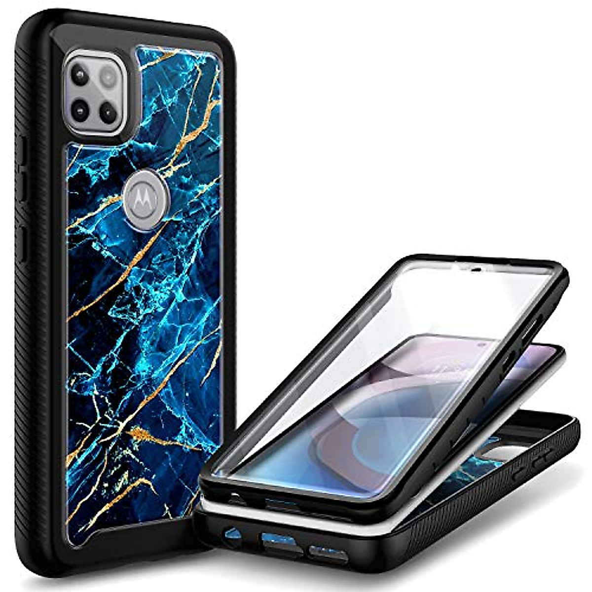 NZND Case for Motorola Moto One 5G Ace (One 5G UW Ace) with [Built-in Screen Protector], Full-Body Protective Shockproof Rugged Bumper Cover, Impact Resist Durable Phone Case (Marble Design Sapphire)