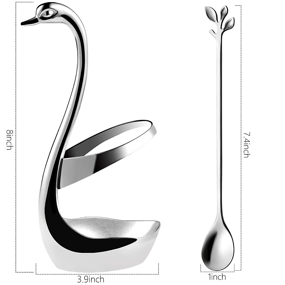 AnSaw Large Silver Swan Base Holder With 12 Pcs Silver Stainless Steel 7.4-Inch Leaf Coffee Spoons Set