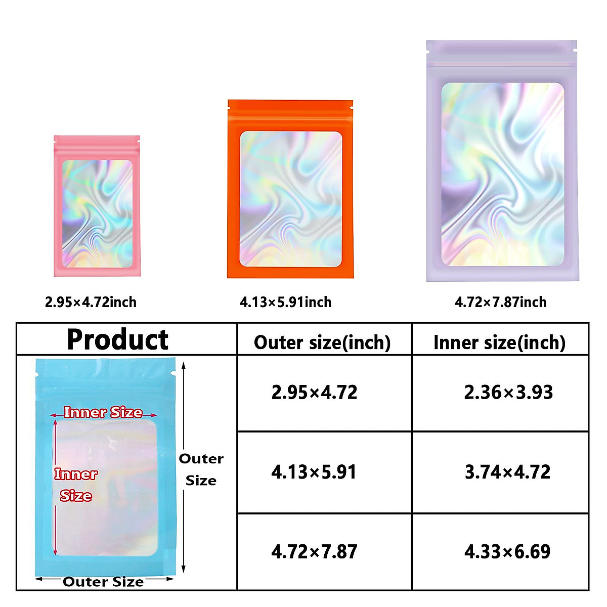 ODDIER 4 colors Laser Foil Mylar Resealable Ziplock Bag,Each Size 25pcs Slider Seal Technology Storage Bags Grip Food Containers Organization ,Plastic Packaging Bags for Party Favor Food