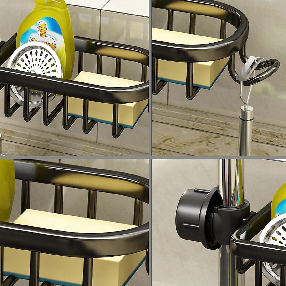 WINGSIGHT Faucet Sponge Holder Kitchen Sink Caddy Organizer Over Faucet Hanging Faucet Drain Rack for Sink Organizer (Double with Dishcloth Rack, Black)